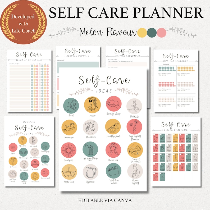 Self Care Planner | Self Care Checklist Bundle | Editable Self-care ...