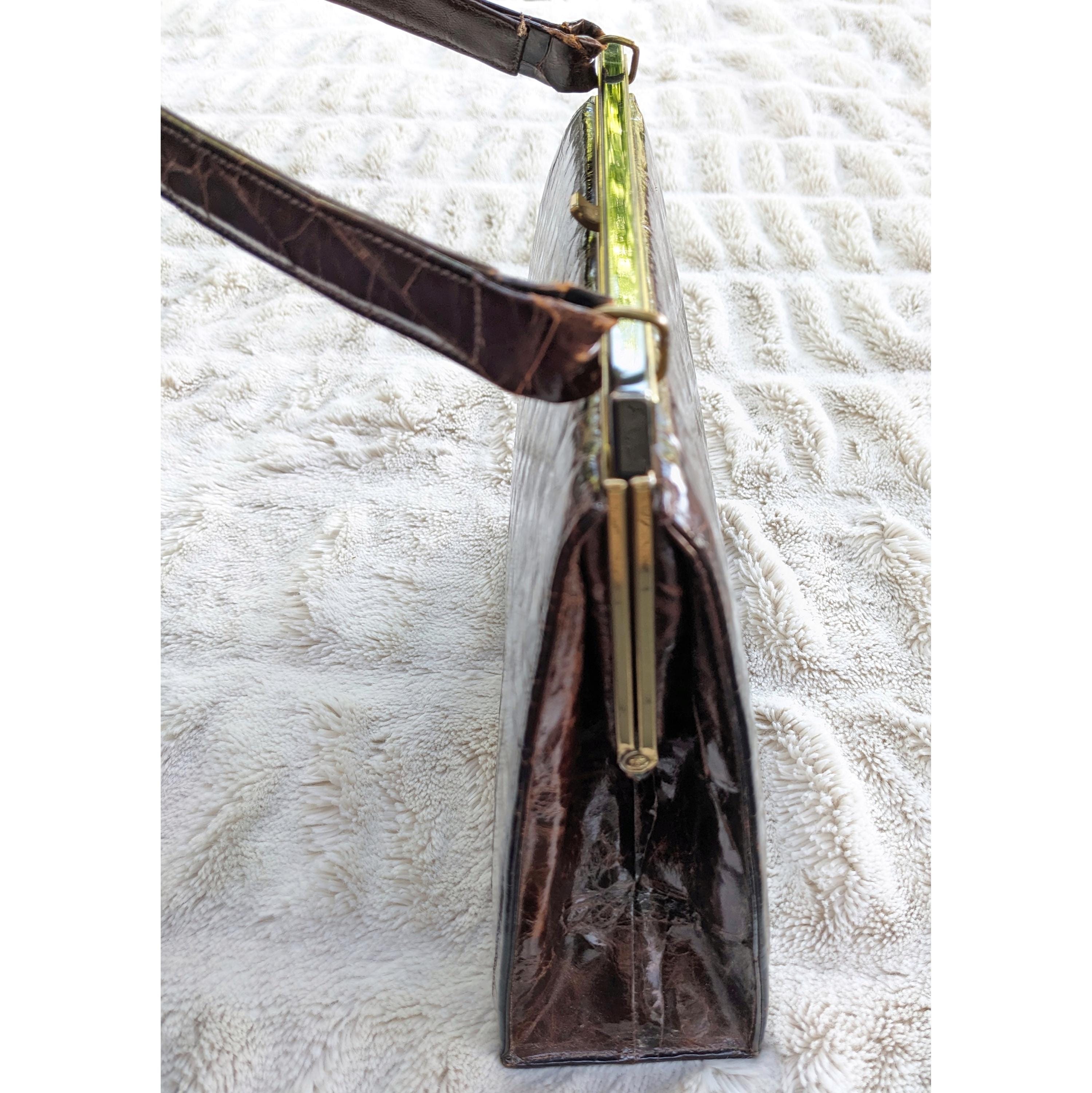 VINTAGE 50s BELLESTONE Alligator Frame Top Handle Handbag, Dark ...