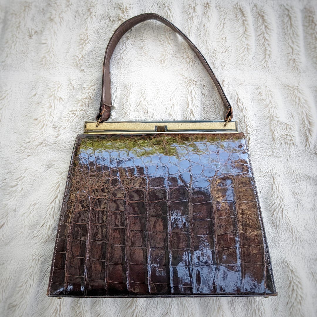 VINTAGE 50s BELLESTONE Alligator Frame Top Handle Handbag, Dark ...