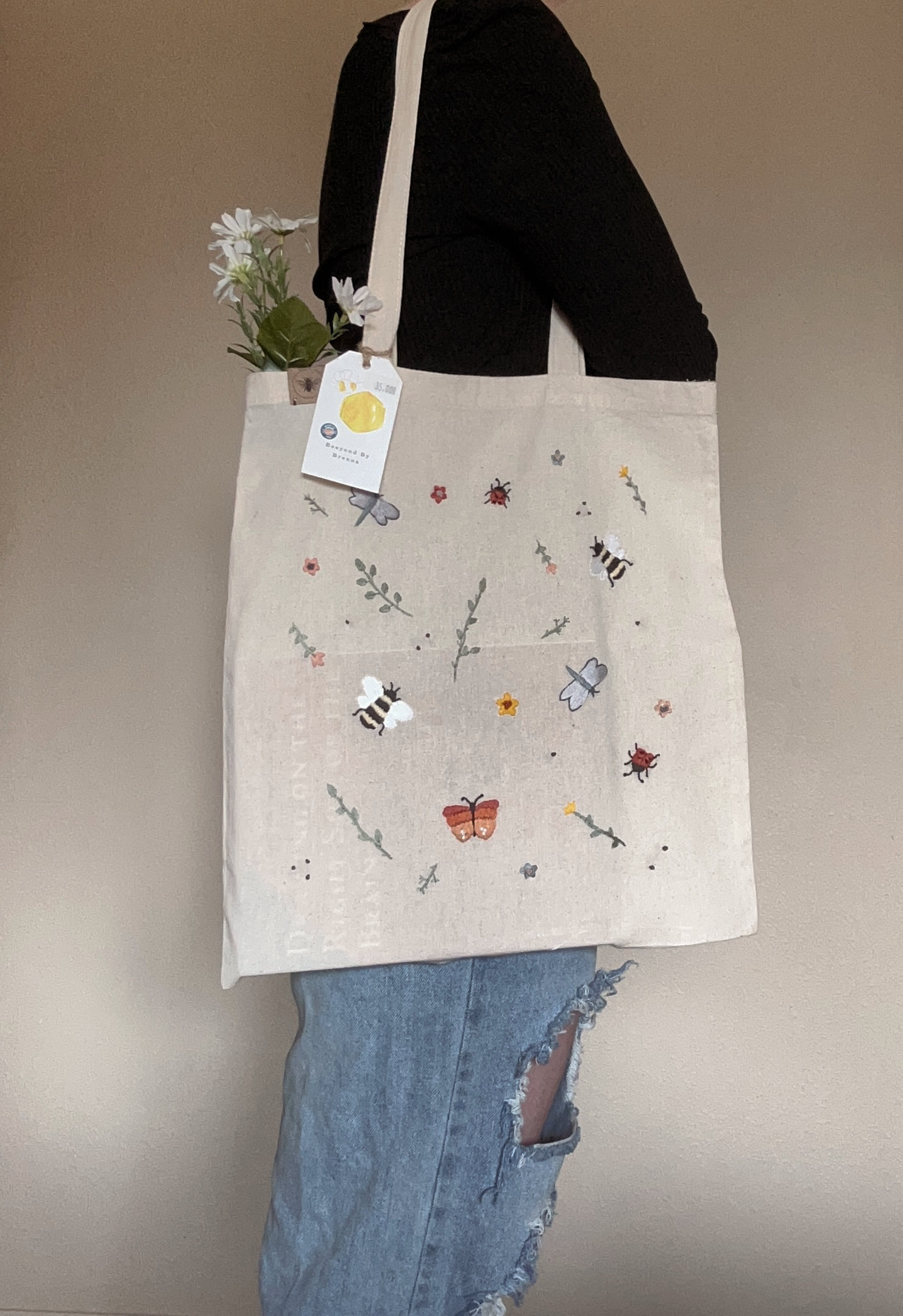 Handmade Bug Tote Bag, Cute Bee,butterfly, and Ladybug Embroidery ...