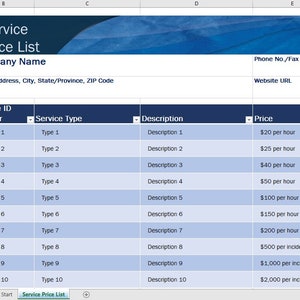 Small Business Service Price List Template | Excel Spreadsheet ...