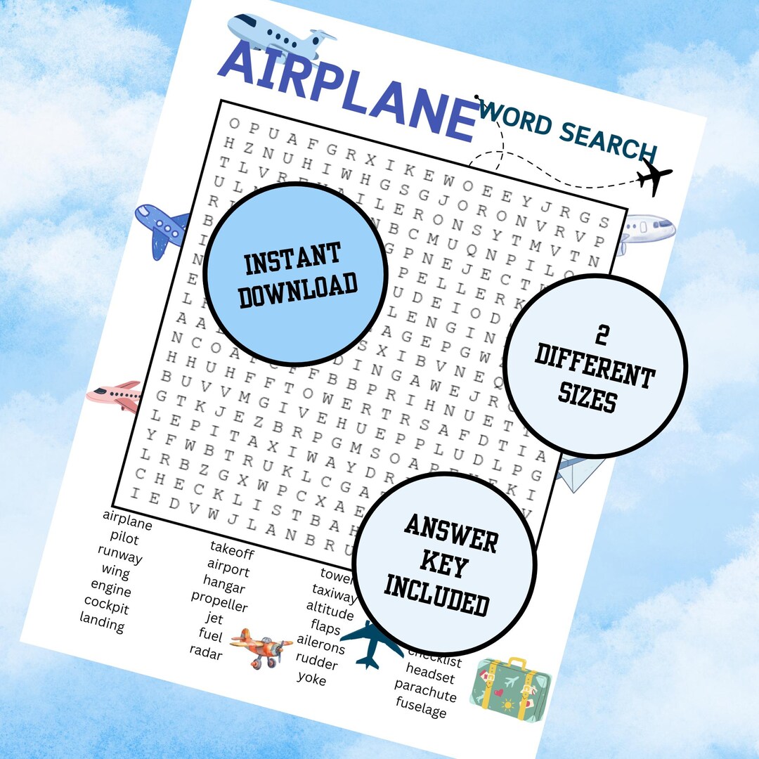 Airplane Word Search Printable for Kids, Travel Activity PDF ...