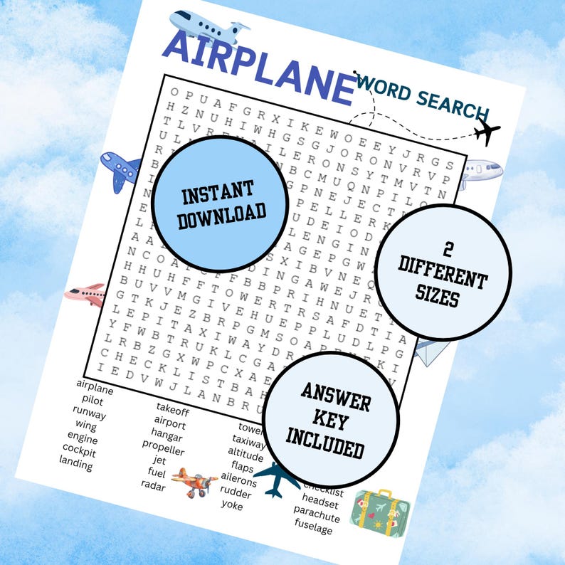 Airplane Word Search Printable for Kids, Travel Activity PDF ...