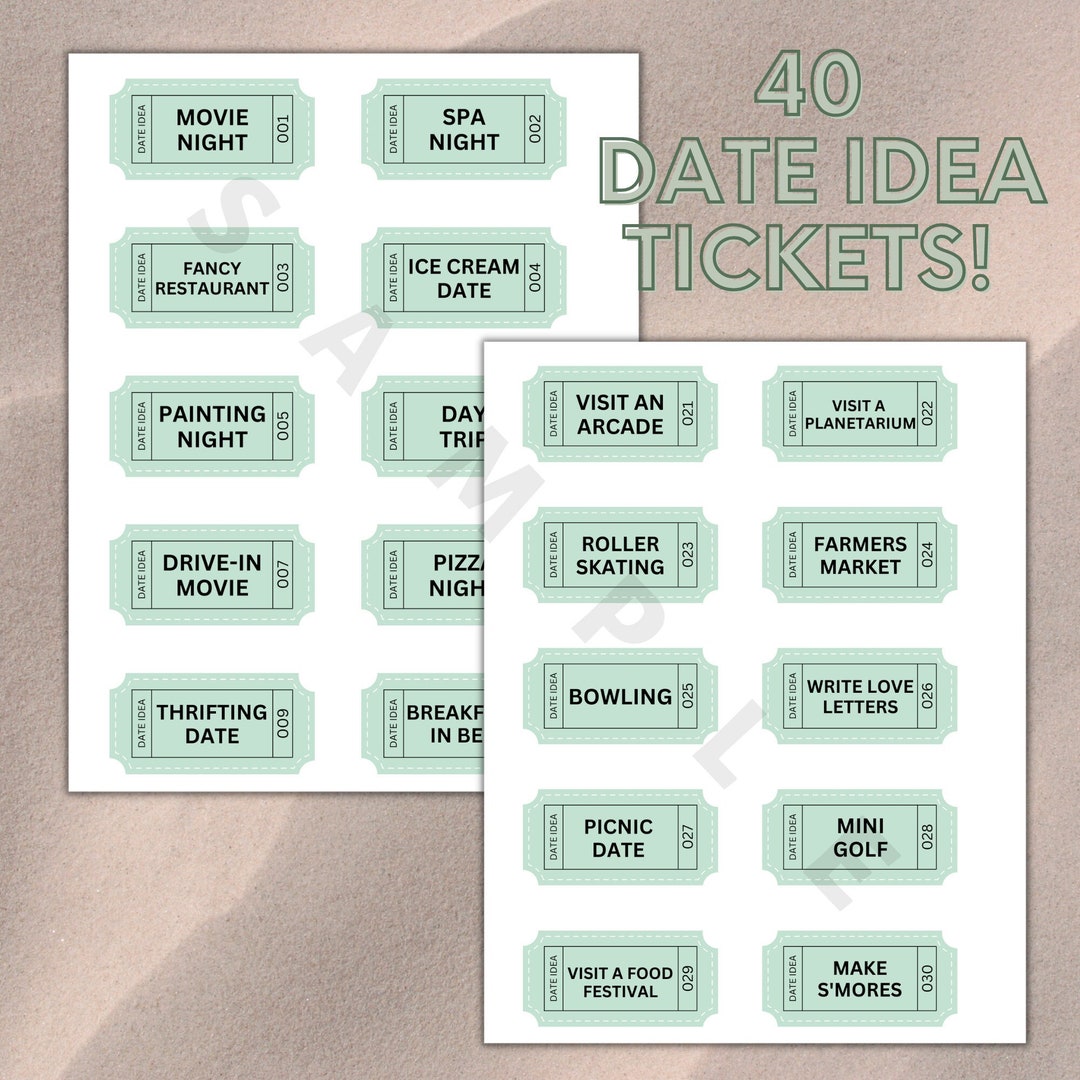 40 Date Idea Tickets Printable, Date Ideas for Couples, Instant ...