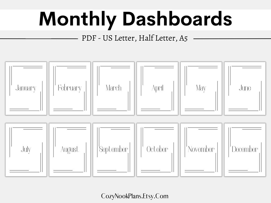 Printable Monthly Dashboards, Printable Monthly Covers, Monthly ...