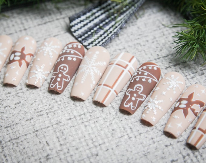 Gingerbread Press on Nails Glue on Nails Christmas Gift - Etsy