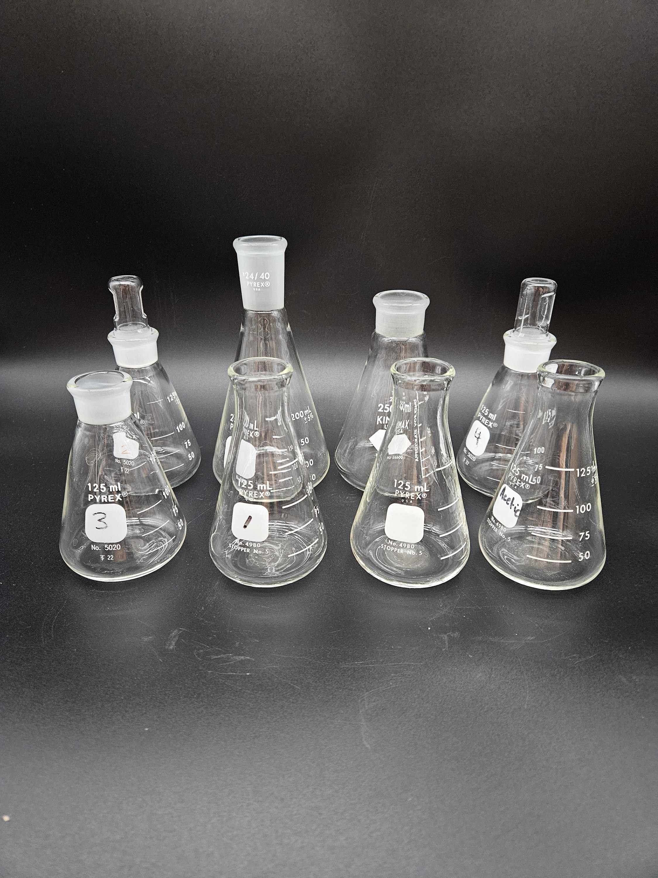 Vintage Laboratory Glassware....lot of 8 Erlenmeyer/conical Flasks ...