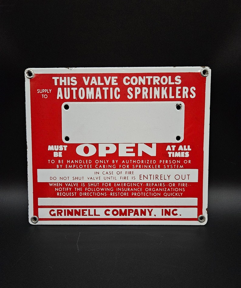 1940's Porcelain sprinkler Control Valve Sign....fire Department ...