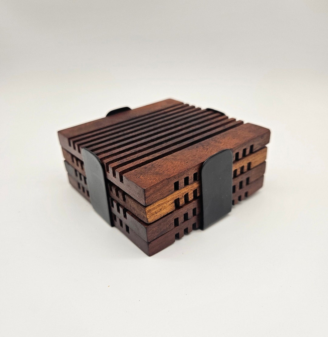 1970's Teak Patio Coasters in Steel Holder...danish Modern Coasters ...