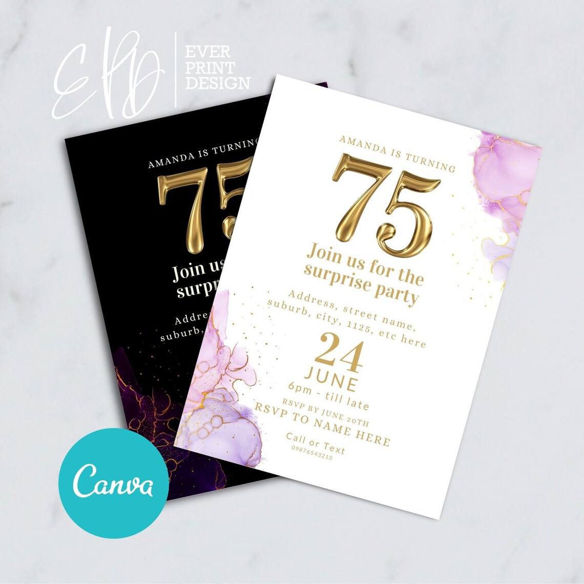75th Birthday Invitation, Purple and Gold Party Invite Template, 75th ...