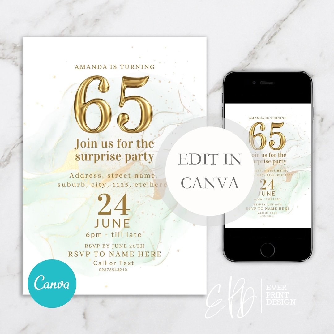 65th Birthday Invitation, 65th Party Invite, Gold 65th Birthday ...