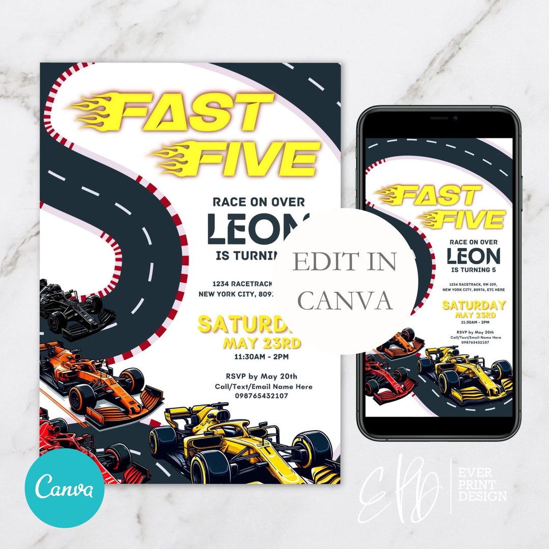 Fast Five Car Racing Birthday Invitation, 5th Birthday Formula 1 Car ...
