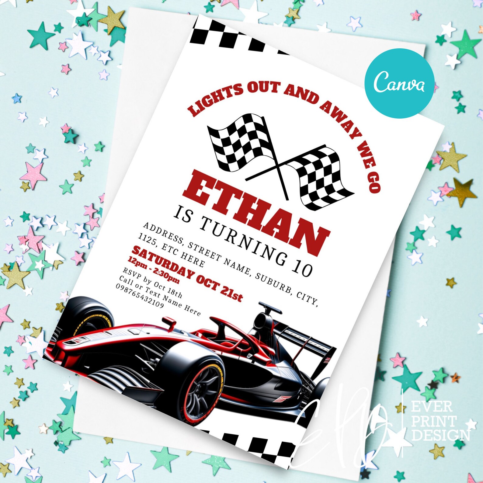 Red Racing Car Birthday Invitation, Car Racing Party Invite, Formula 1 ...