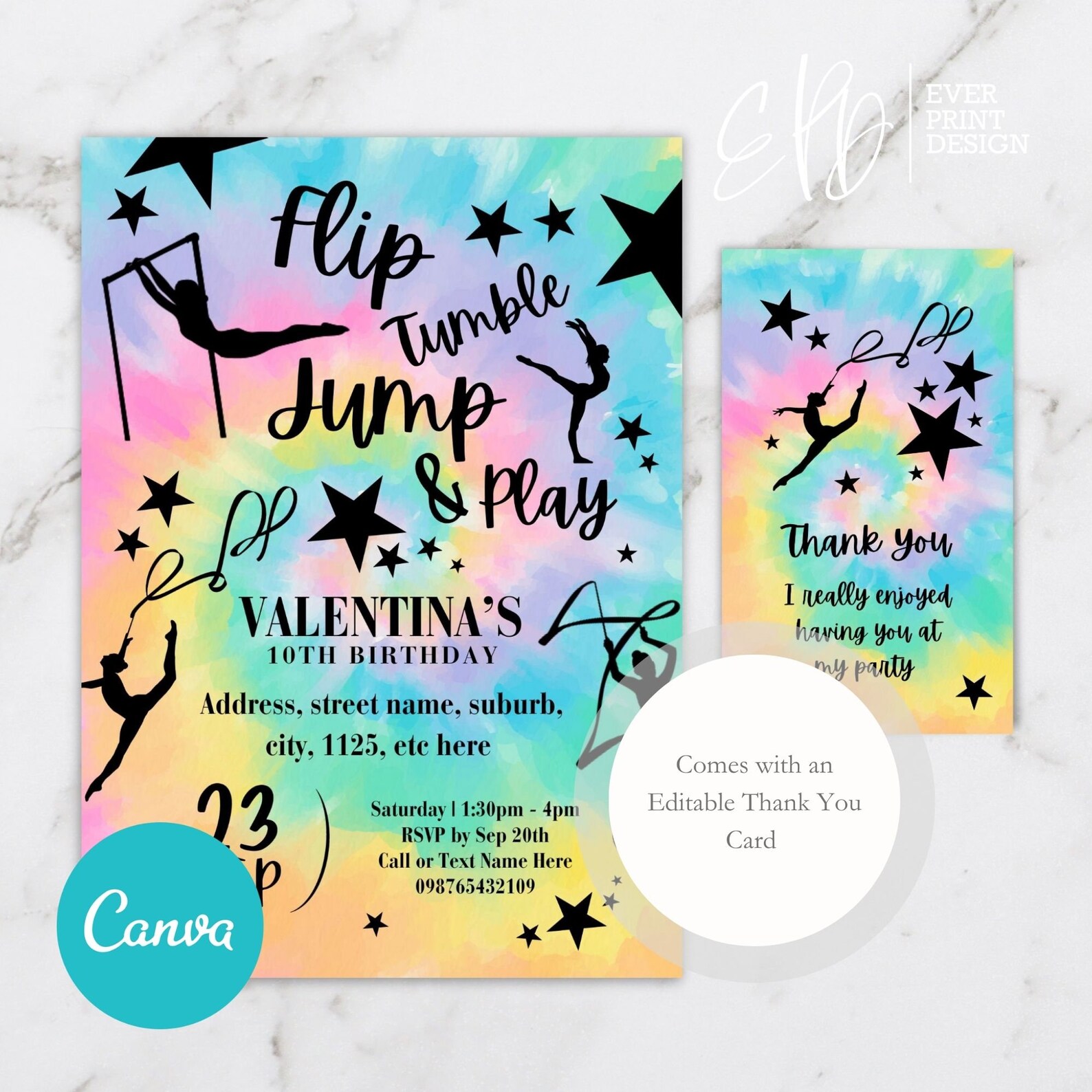 Customisable Tie-dye Gymnastic Birthday Party Invitation Flip Tumble ...