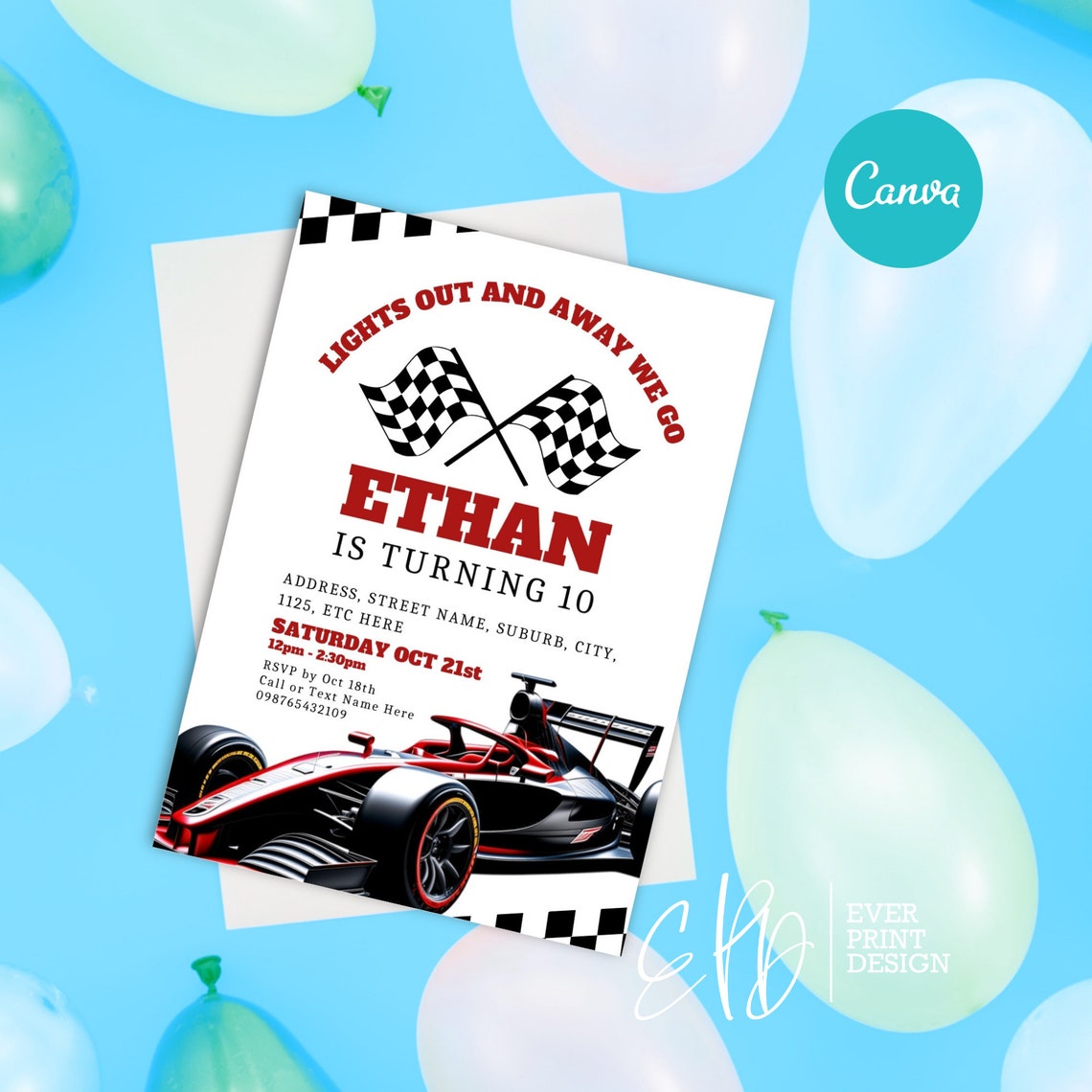 Red Racing Car Birthday Invitation, Car Racing Party Invite, Formula 1 ...