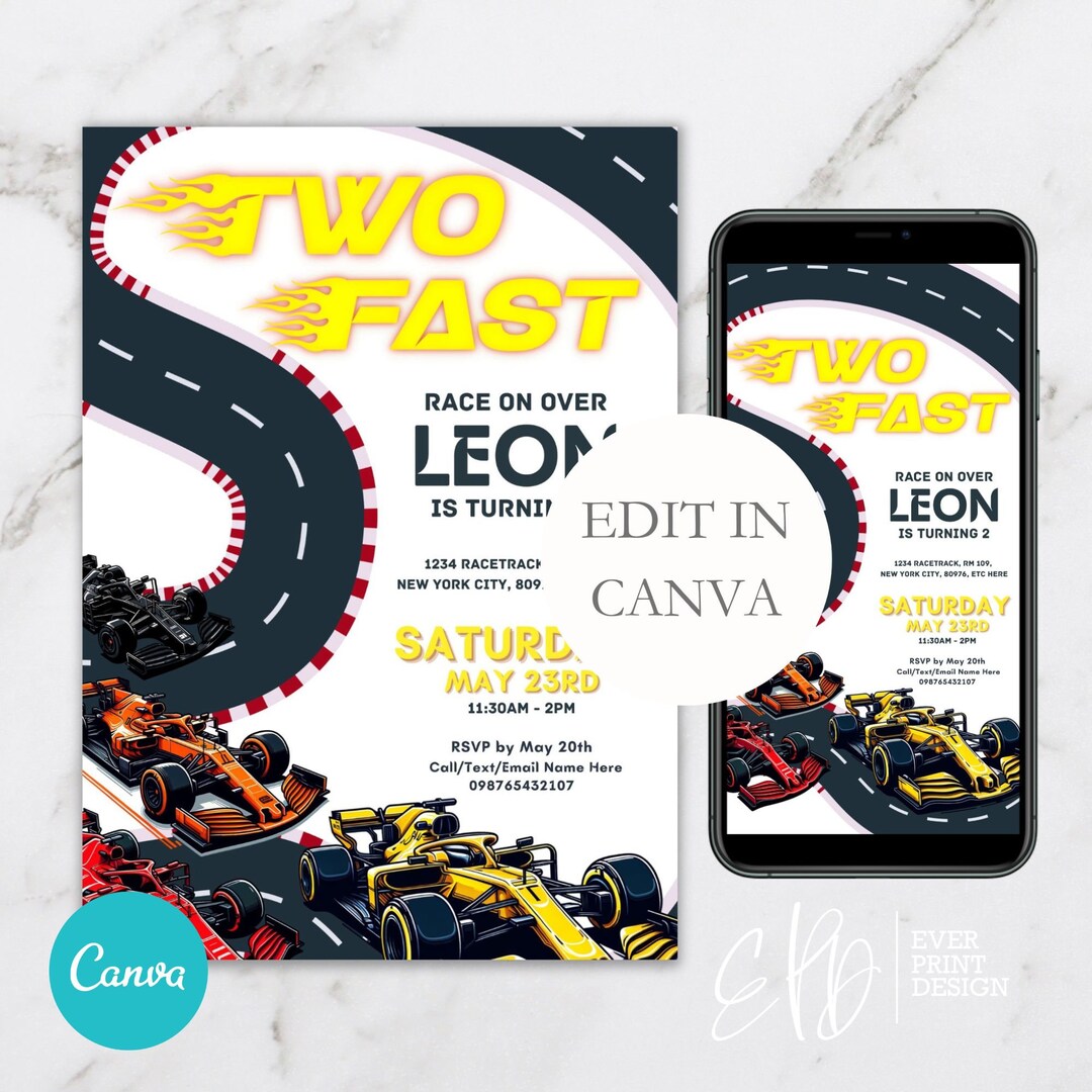 Two Fast Car Racing Birthday Invitation, Growing up Two Fast Racing Car ...