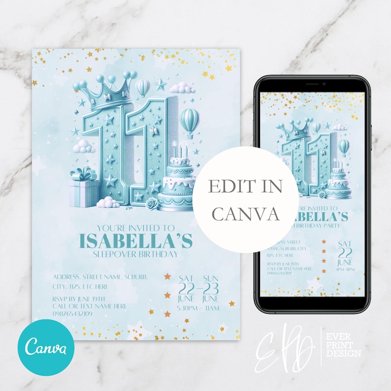 Soft Blue Pastel 11th Birthday Girls Invitation, Sleepover Invitation ...