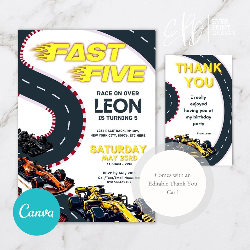 Fast Five Car Racing Birthday Invitation, 5th Birthday Formula 1 Car ...