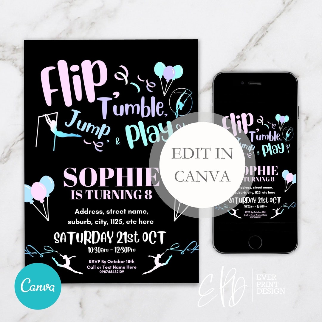 Gymnastic Birthday Invitation, Flip Tumble Jump and Play, Party Invite ...