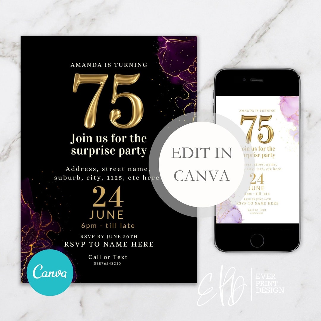 75th Birthday Invitation, Purple and Gold Party Invite Template, 75th ...