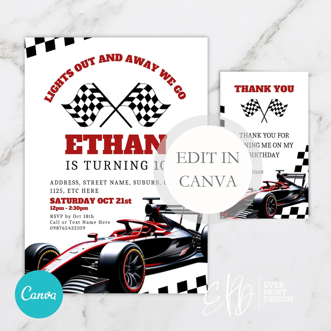 Red Racing Car Birthday Invitation, Car Racing Party Invite, Formula 1 ...