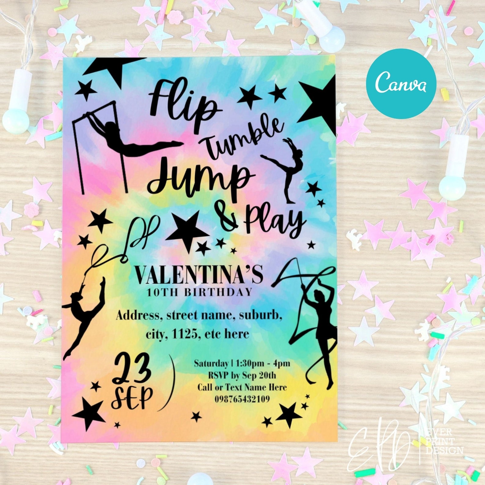 Customisable Tie-dye Gymnastic Birthday Party Invitation Flip Tumble ...