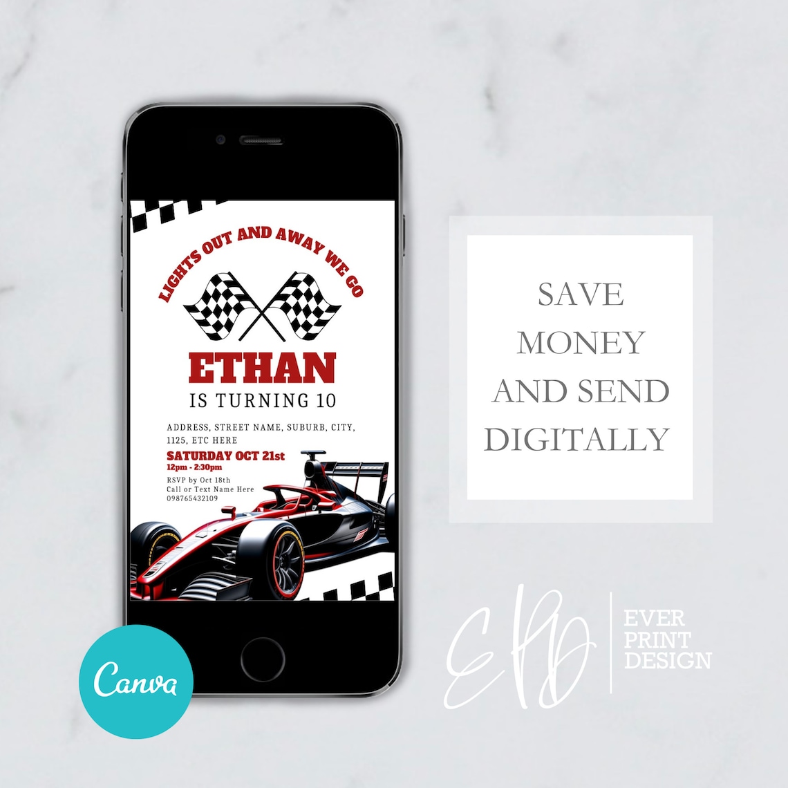 Red Racing Car Birthday Invitation, Car Racing Party Invite, Formula 1 ...