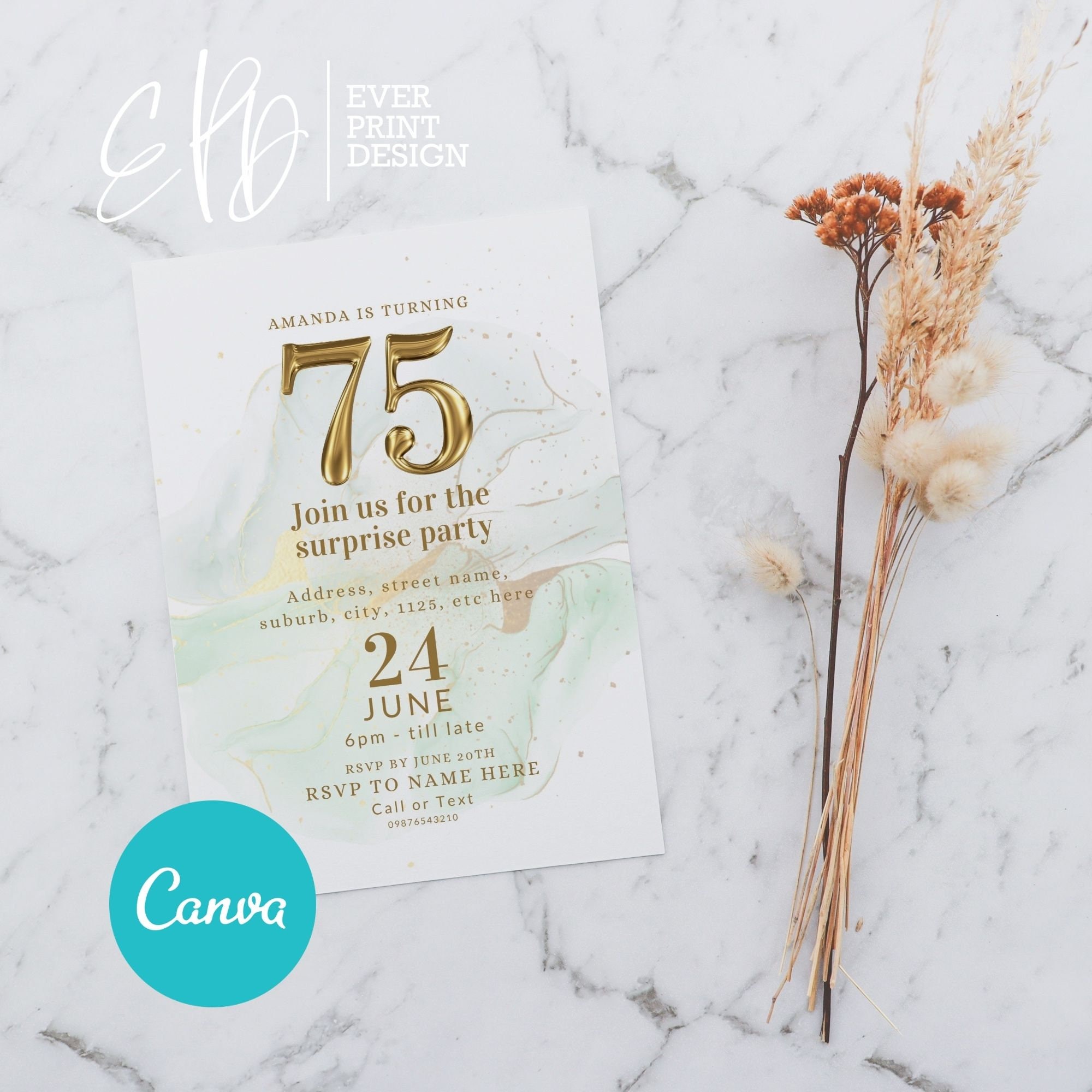 75th Birthday Invitation, 75th Party Invite, Gold 75th Birthday ...