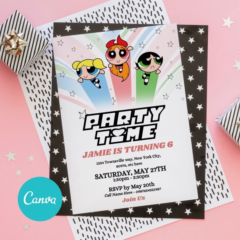 Powerpuff Girls Birthday Invitation, Bubbles, Blossom, Buttercup ...
