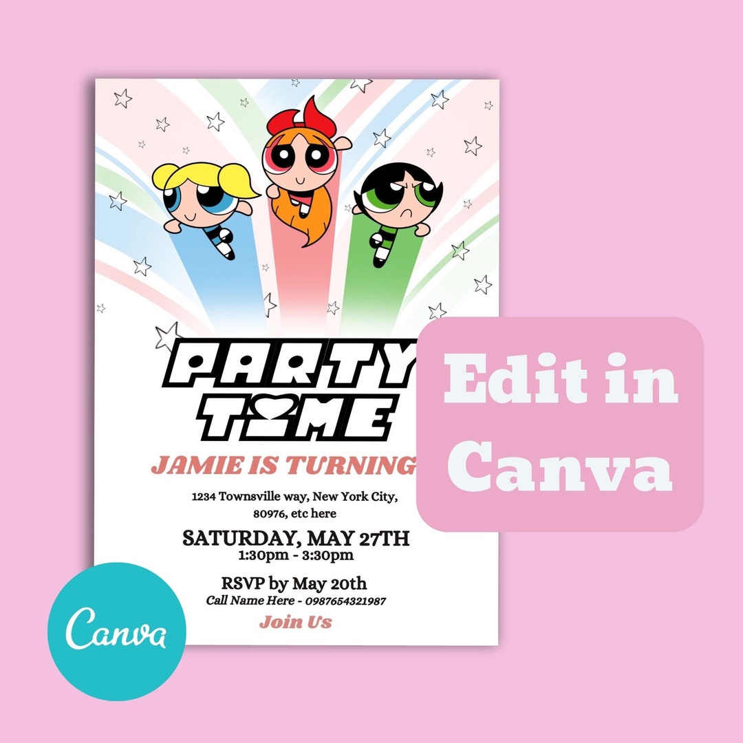 Powerpuff Girls Birthday Invitation, Bubbles, Blossom, Buttercup ...