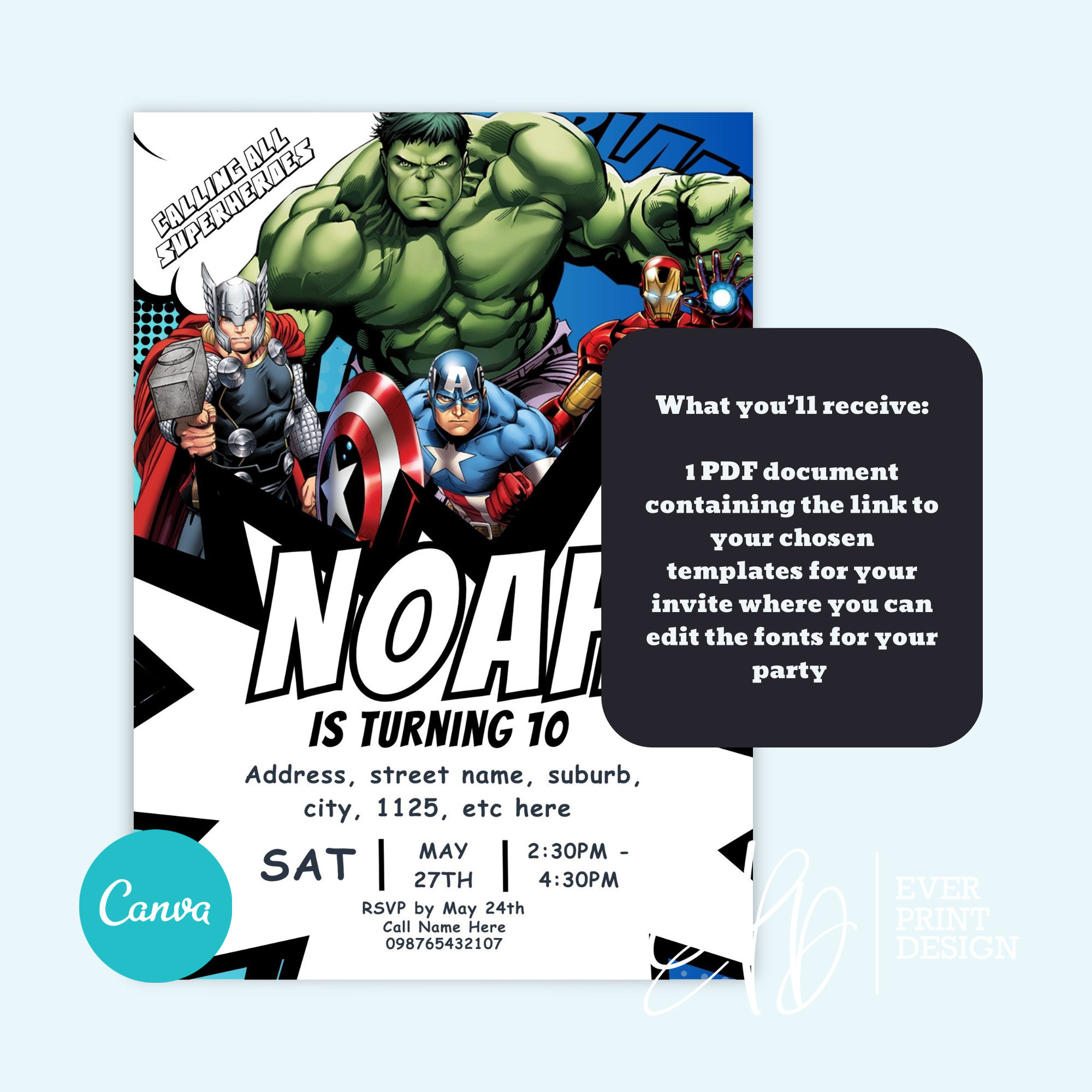 Editable Avengers Birthday Invitation, Superhero Birthday Invitation ...