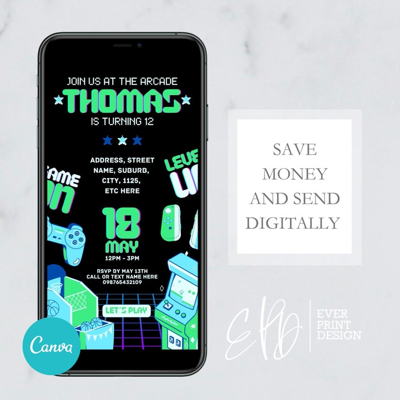 Boys Blue and Green Arcade Gaming Birthday Party Invitation, Retro ...