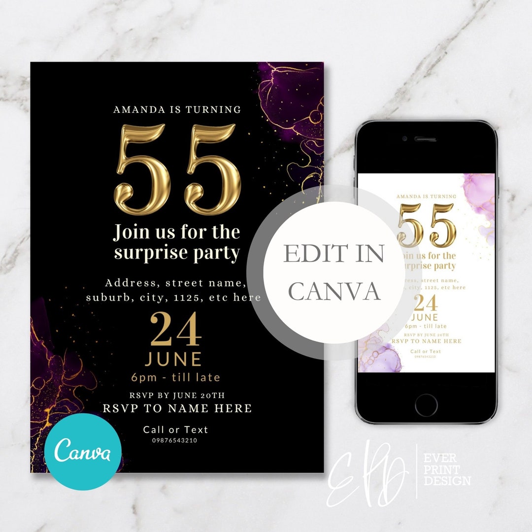 55th Birthday Invitation, Gold 55th Birthday Invitation, 55th Birthday ...