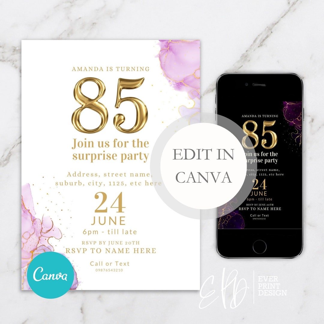 85th Birthday Invitation, 85th Surprise Birthday Invitation Template ...