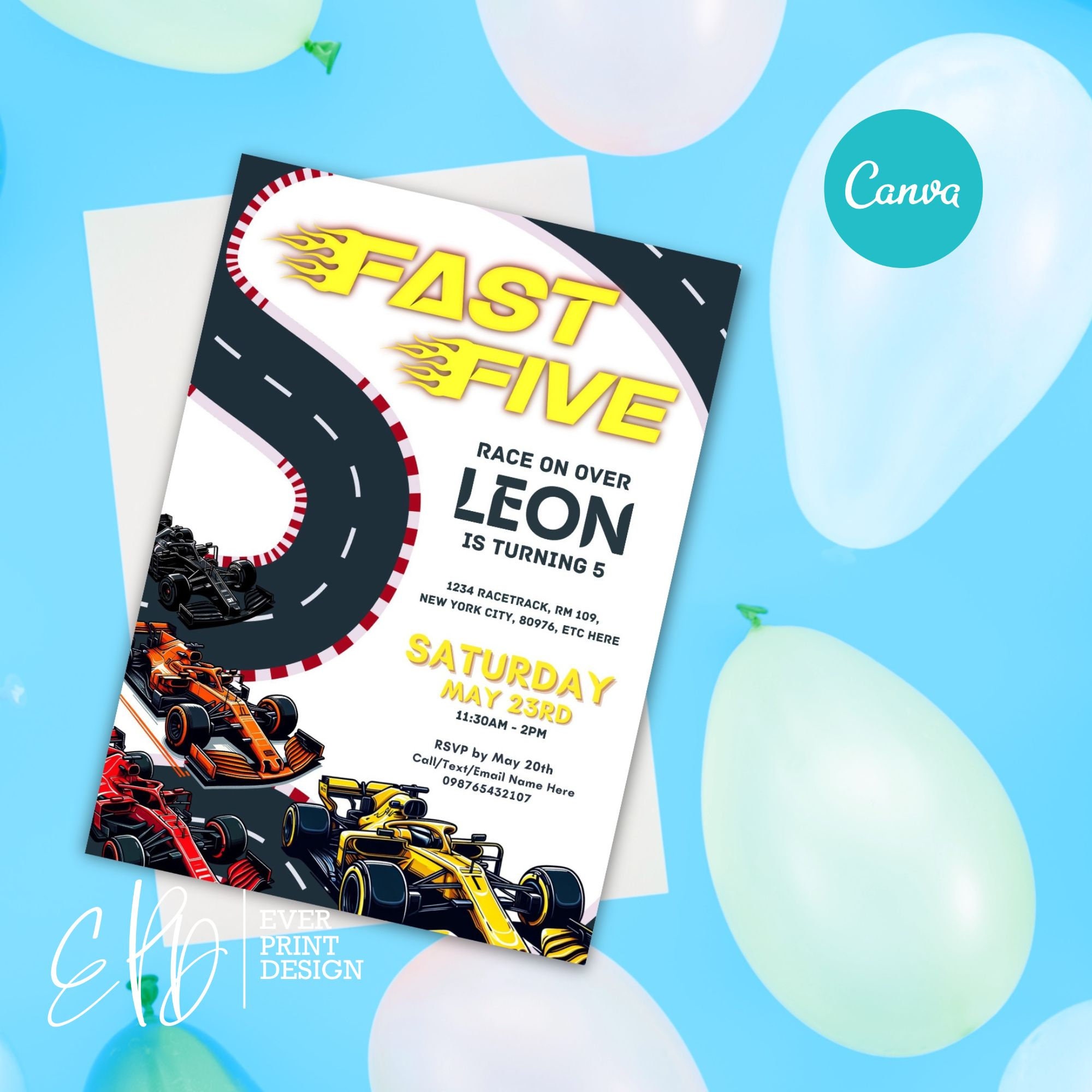 Fast Five Car Racing Birthday Invitation, 5th Birthday Formula 1 Car ...