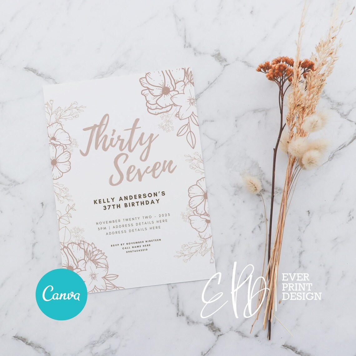 37th Birthday Invitation, Floral Fall Colors 37th Birthday Party Invite ...