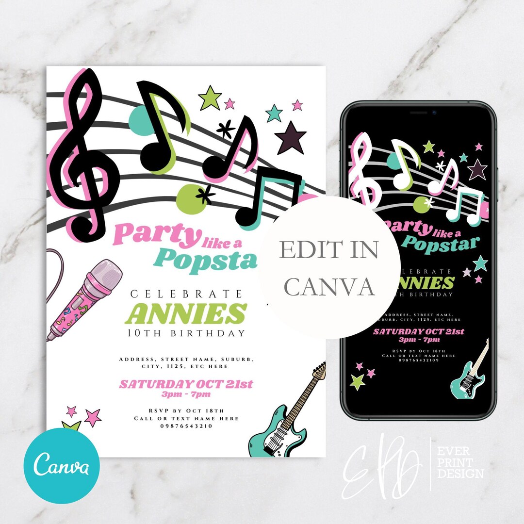 Party Like a Popstar Birthday Party Invitation Template, Popstar Music ...