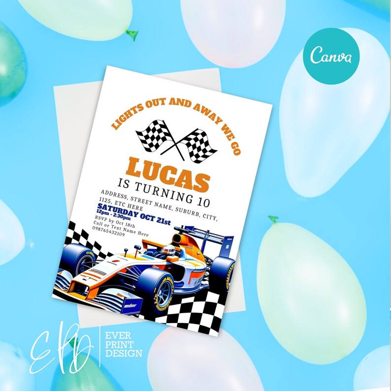 Boys Blue and Orange Car Racing Birthday Invitation, Race Car Birthday ...