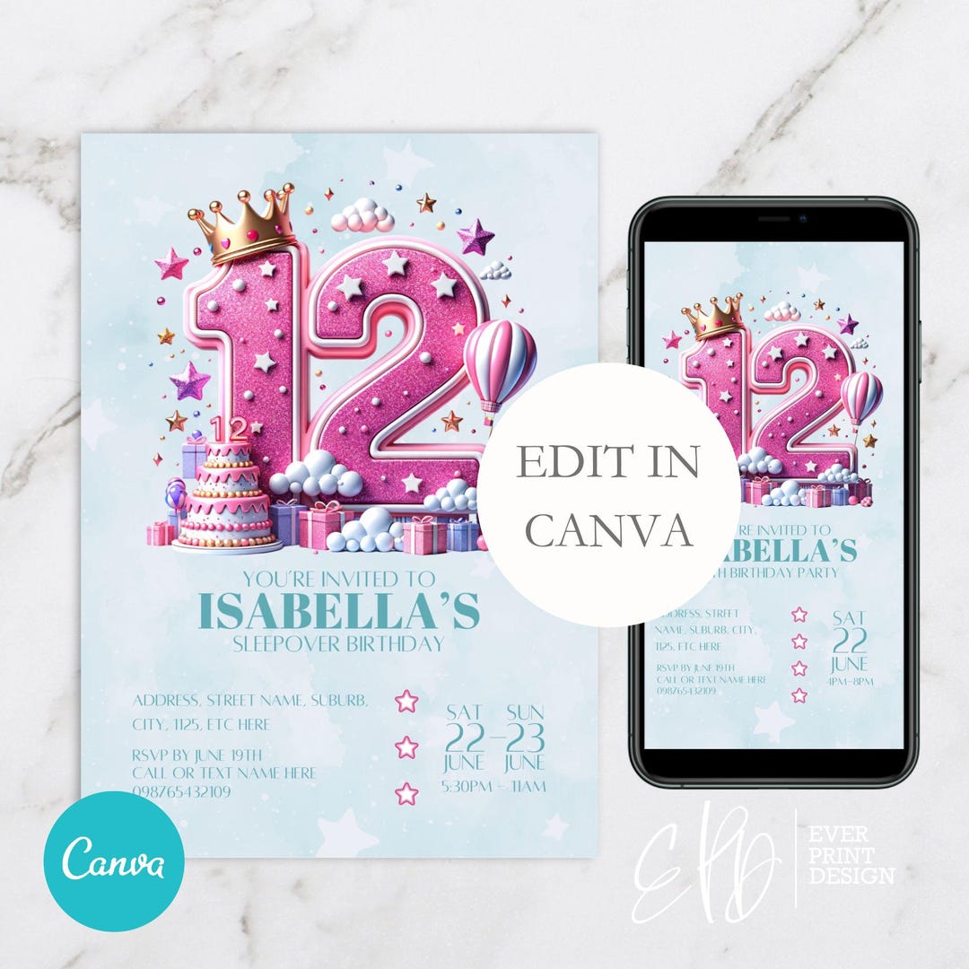 Pink and Blue Star 12th Birthday Girls Invitation, Digital Sleepover ...