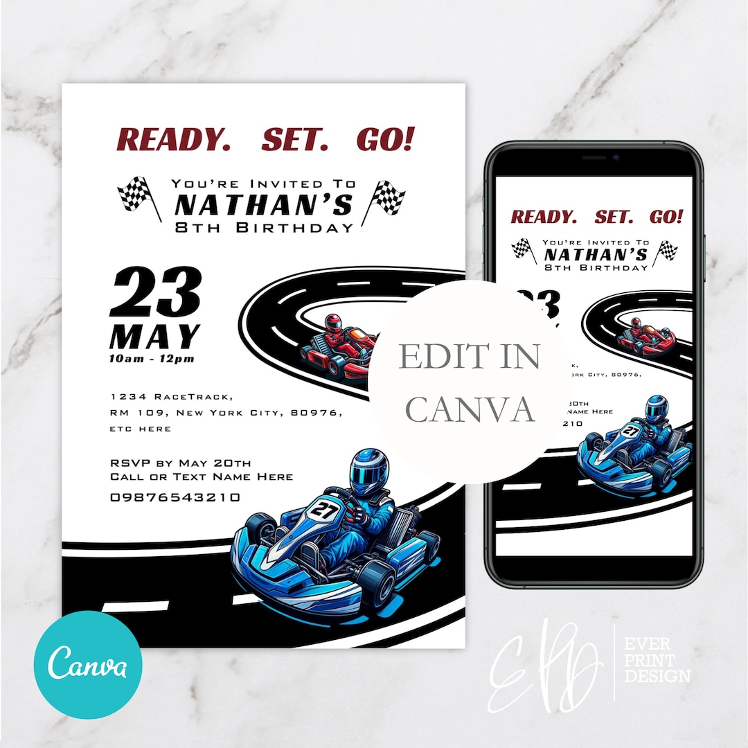 Ready Set Go Karts Boy Racing Track Birthday Invitation, Go Kart Racing ...