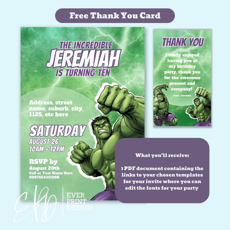 The Incredible Hulk Birthday Invitation Template, Avengers Hulk ...