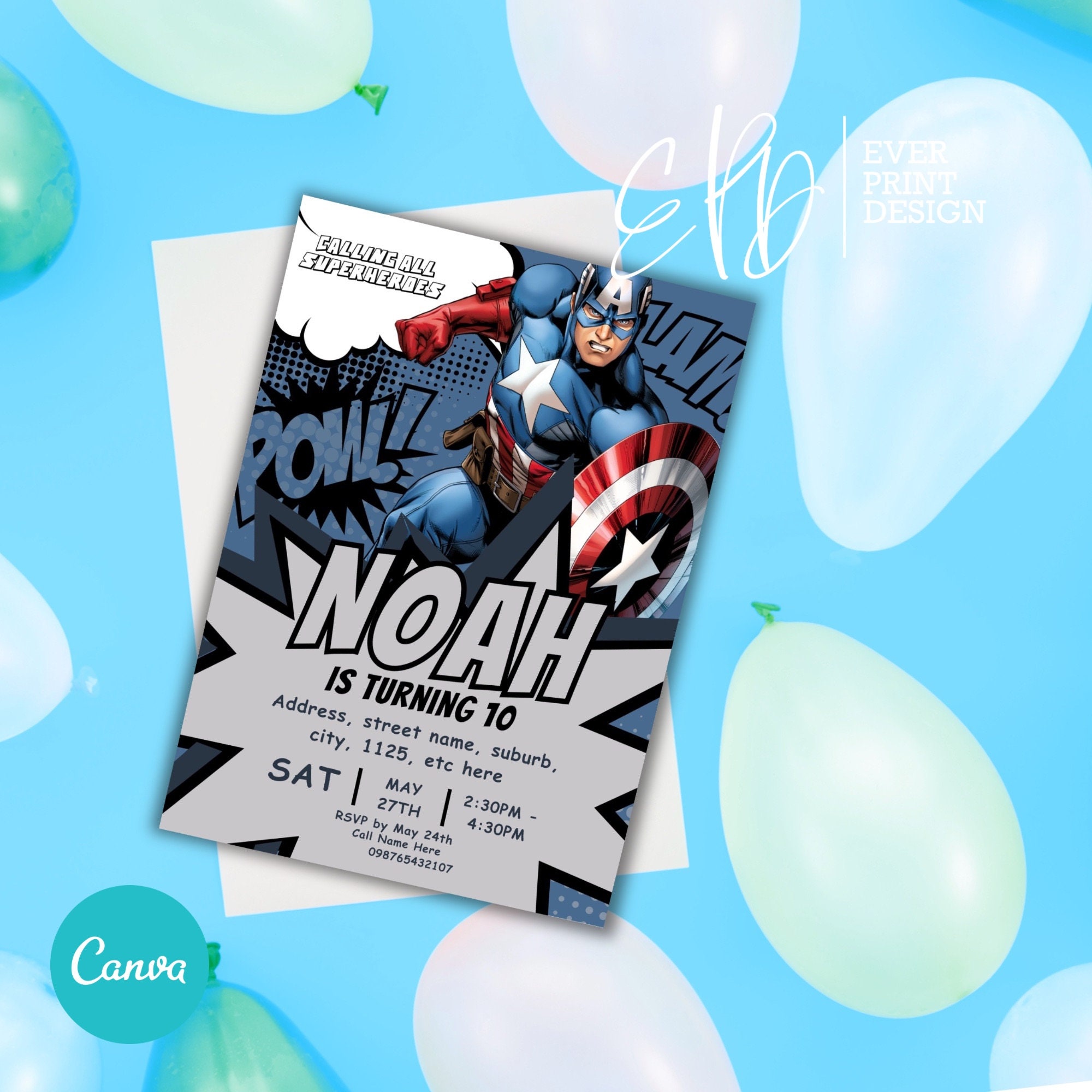 Captain America Birthday Invitation, Avengers Birthday Invitation ...