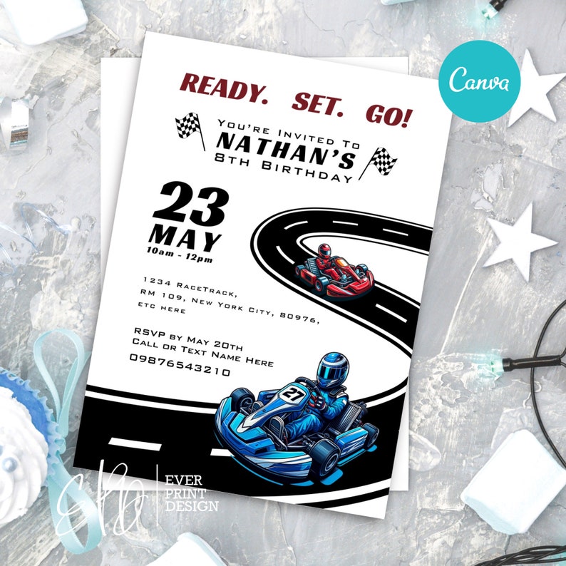Ready Set Go Karts Boy Racing Track Birthday Invitation, Go Kart Racing ...
