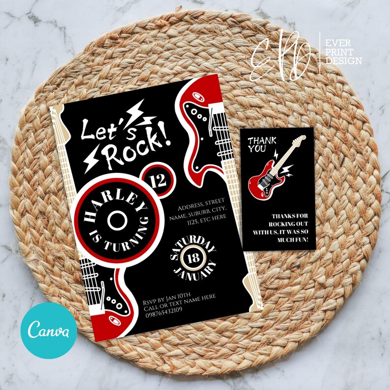 Party Like a Rockstar Electric Guitar Retro Birthday Party Invitation ...