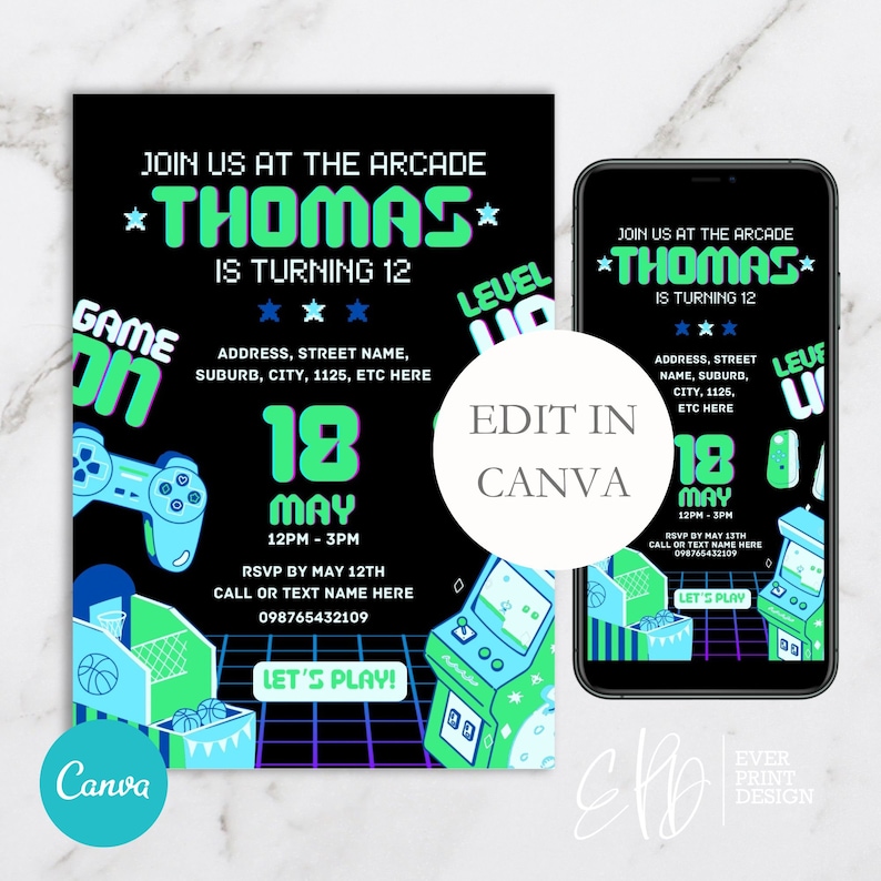 Boys Blue and Green Arcade Gaming Birthday Party Invitation, Retro ...