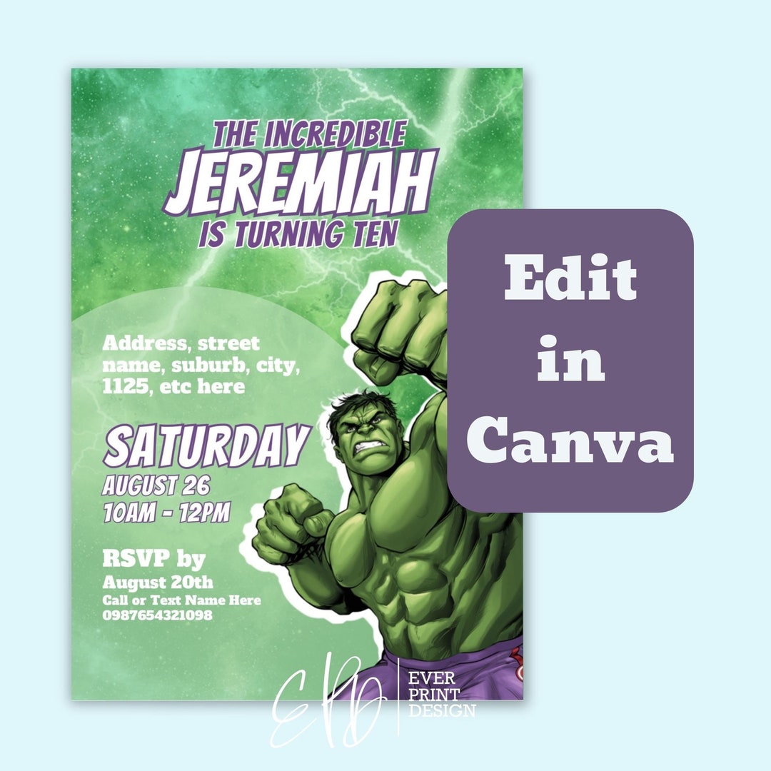 The Incredible Hulk Birthday Invitation Template, Avengers Hulk ...