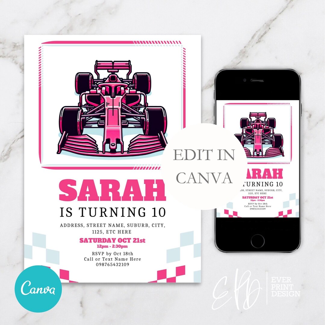 Pink Racing Car Birthday Party Invitation, Car Racing Party Invite ...