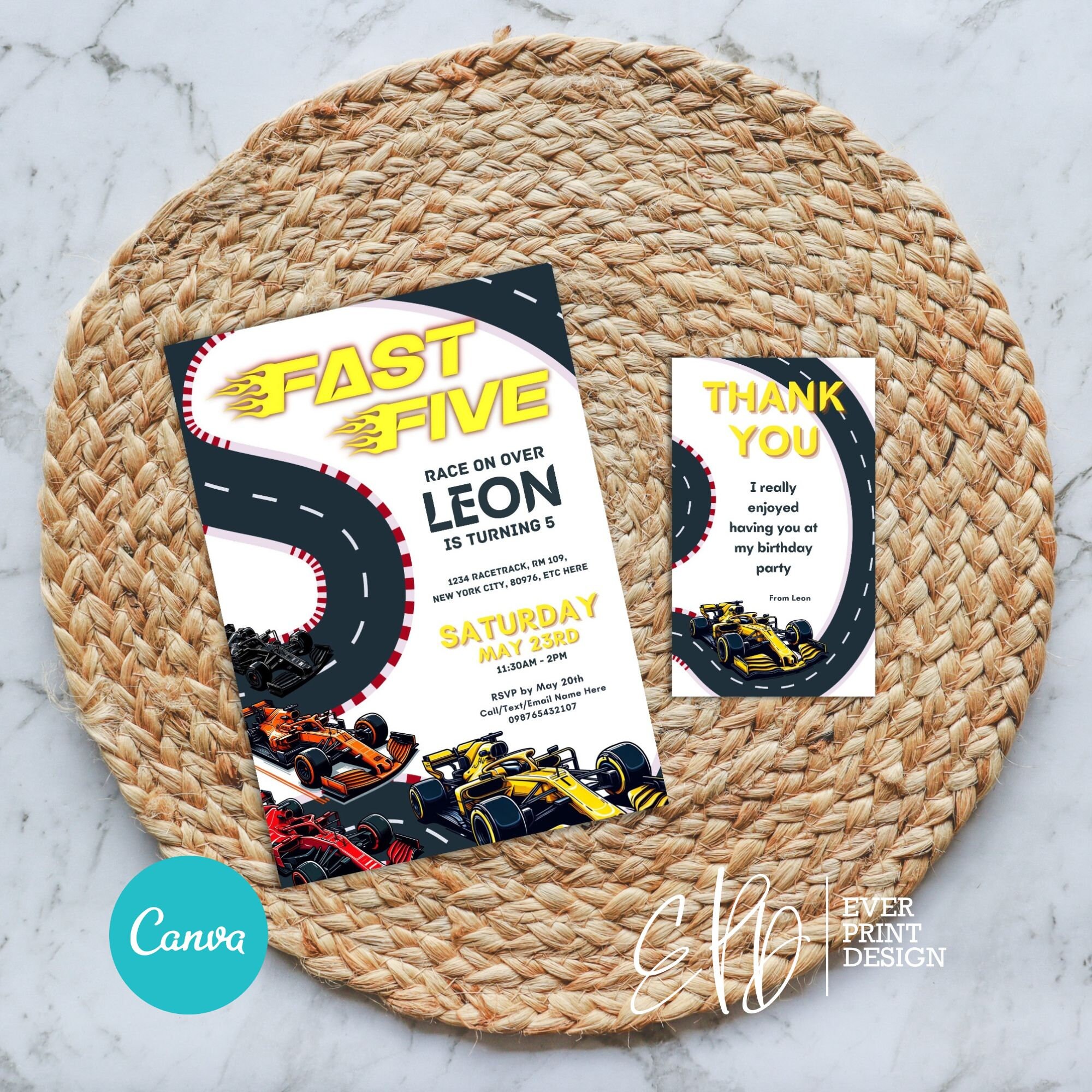 Fast Five Car Racing Birthday Invitation, 5th Birthday Formula 1 Car ...