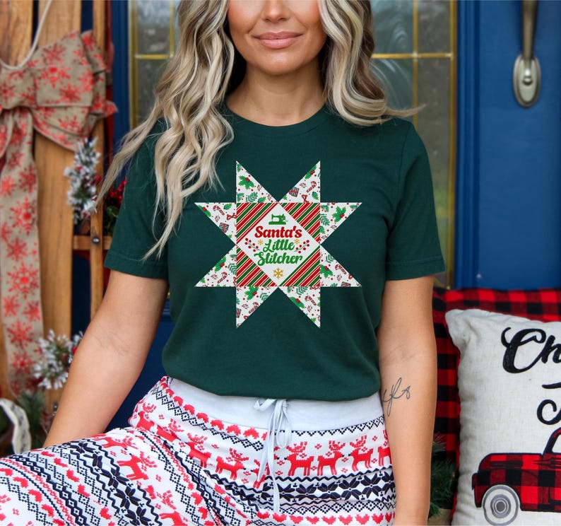 Cute Christmas Quilt Block Tshirt Santa's Little Stitcher Sewing ...