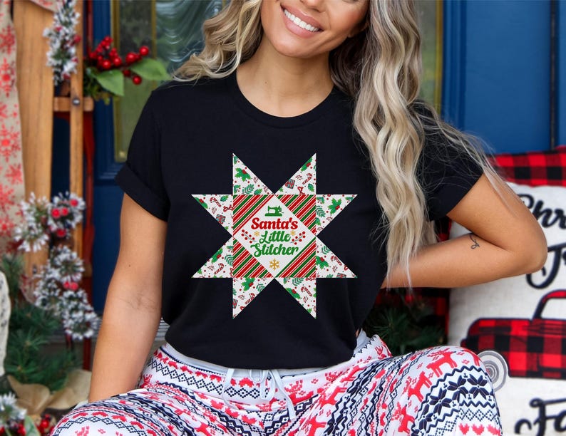 Cute Christmas Quilt Block Tshirt Santa's Little Stitcher Sewing ...